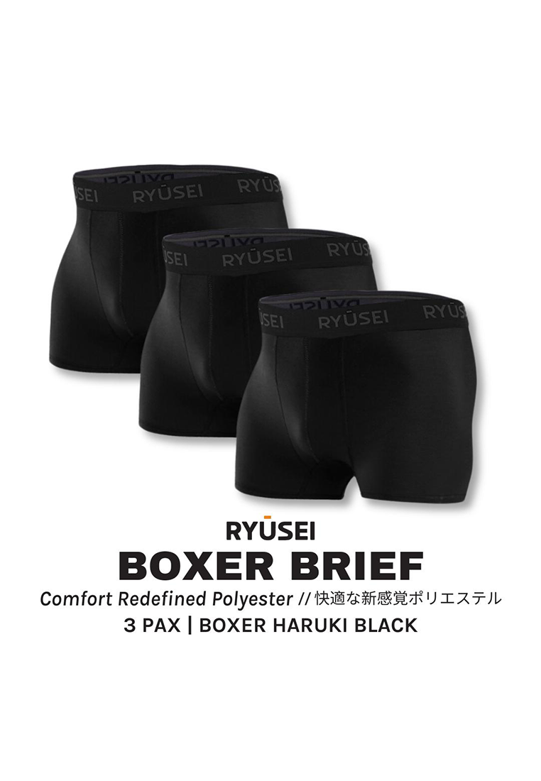 Ryusei Boxer Haruki Polyester Spandex 3 Pcs - Black | Nyaman & Elastis