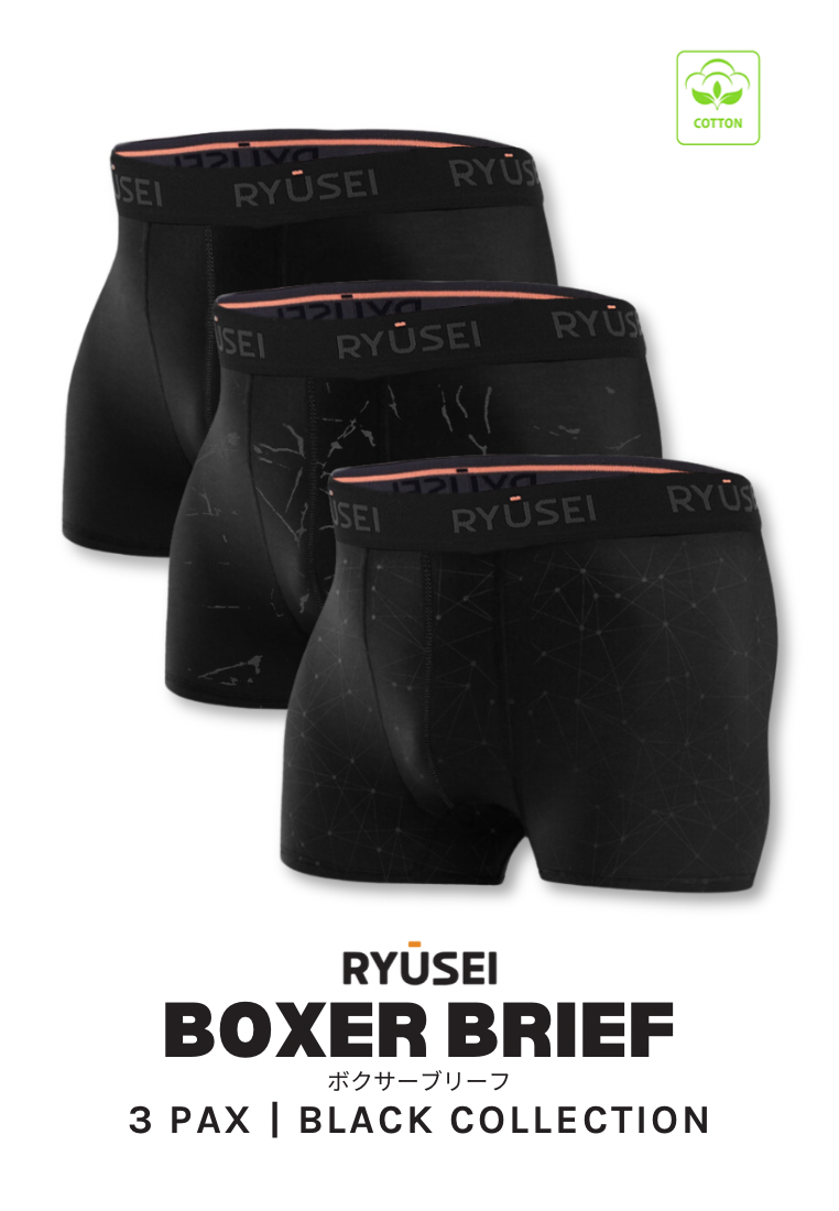 Ryusei Boxer Katun Spandex 3 Pcs - Black Collection | Jahitan Seamless
